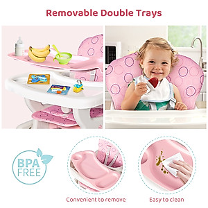 3-in-1 Baby High Chair with Adjustable Seat Back Detachable Seat Cushion and Double Removable Tray for Baby Toddlers 6 Months to 6 Years, Pink