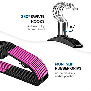 Rubber Coated Plastic Hangers (20 Pk) Non Slip Rubberized U-Slide Hanger, Ultra Thin Space Saving Suit Hanger, Non Slip Pants Hanger, Strong & Heavy Duty Plastic Coat Hanger, Strap Hooks, 360° Hook