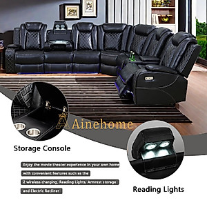 A Ainehome Power Reclining Sectional Sofa Couch with LED Light, Leather Recliner Electric Reclining Sectional Couch Recliner Sofa Set with Cup Holder,USB Port,Storage Console for Living Room (Black)