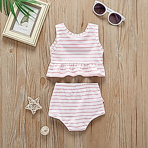 Myhrey Toddler Baby Girls Swimsuit Sleeveless Striped Ruffle Top+Bottoms Bathing Suit Summer Beach Wear (3-6 Months, Pink+Bowknot)