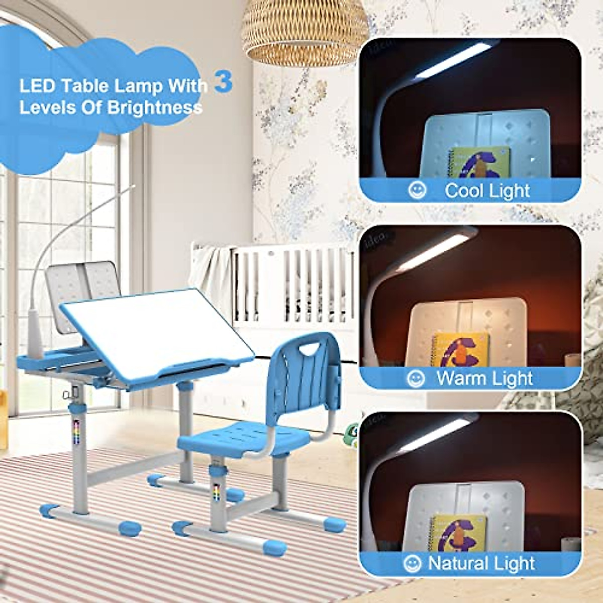 BELANITAS Kids Desk and Chair Set 5-8 Year Old, Height Adjustable Study Desk for Kids, Children’s Desk and Chair Set Desk w/Chair, Boys Desk for Students Desk w/Tiltable Desktop, Blue