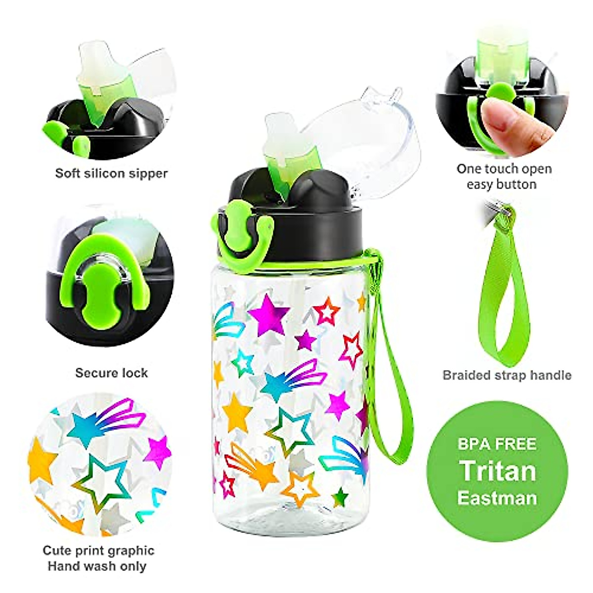 Cute Water Bottle with Straw for Kids Girls Boys, BPA Free Tritan & Pretty Foil Print & Leak Proof One Click Open Flip Top & Soft Silicone Sipper & Easy Clean & Soft Carry Loop, 15oz / 450ml (Star)