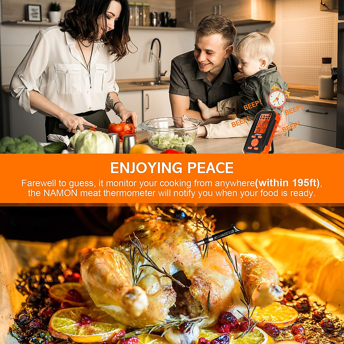 NAMON Wireless Meat Thermometer, Grill Thermometer with 2 Meat Probes, 195ft Wireless Range Digital Thermometer for Cooking, Food Thermometer with Smart Alert for Oven, Smoker, Rotisserie, BBQ
