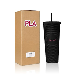 PLA Beauty Studded Tumblers | Insulated Double Wall | With Screw on Lid and Straw | Cold Beverage | Hand Wash | 24 oz (Black Lash)