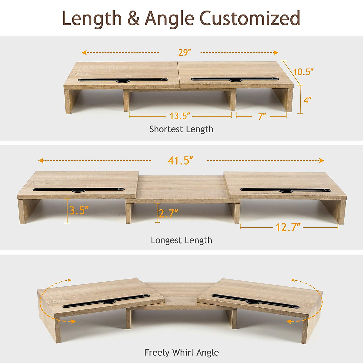LORYERGO Dual Monitor Stand for Desk, Monitor Stand with 2 Slots for Phone and Tablet, Dual Monitor Riser with Length and Angle Adjustable, Computer Stand for Monitor, Laptop, Tablet (Light Wood)