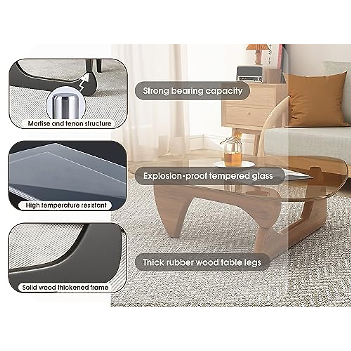 Mid-Century Modern End Table with Solid Wood Base Triangle Glass Coffee Table Vintage Tempered Glass Center Table for Living Room Balcony Accent Table Raw Wood/Transparent Medium 35.8 * 25.5 * 16in