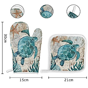 Set of Oven Mitt and Pot Holder,Sea Turtle Kitchen Mittens Heat Resistance Non-Slip Surface for Kitchen BBQ Cooking Baking Grilling,Sea Life Nautical Blue
