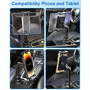 Kolasels Cup Holder Tablet Mount for Car, 360° Adjustable iPad Cup Holder Mount, Cup Holder Tablet Holder for Truck, Compatible with iPad Pro Air Mini, Galaxy Tabs, 4.7-12.9" Tablet & Phone