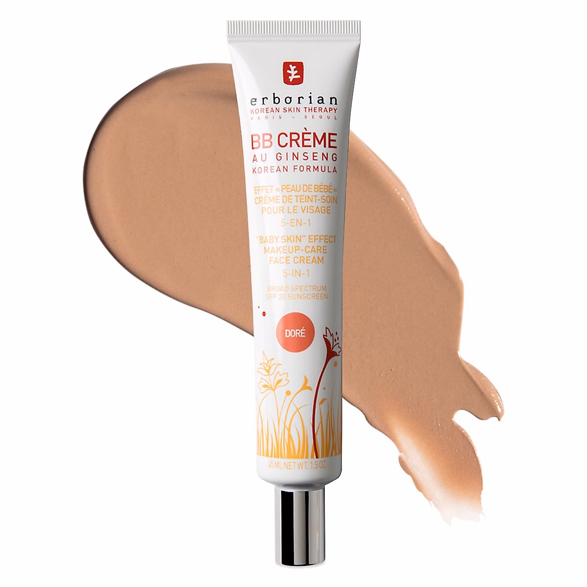 Erborian BB Cream with Ginseng, Tan (Dore) - Lightweight Buildable Coverage with SPF & Ultra-Soft Matte Finish Minimizes Pores & Imperfections - Korean Face Makeup & Skincare - 1.5 Oz