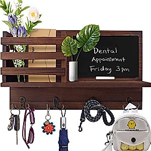Megadream Key Holder for Wall, Front Door Organizer Wooden Mail Letter Holder Box, Key Ring Holder for Wall with Chalkboard, 4 Double Key|Coat|Bag Hooks