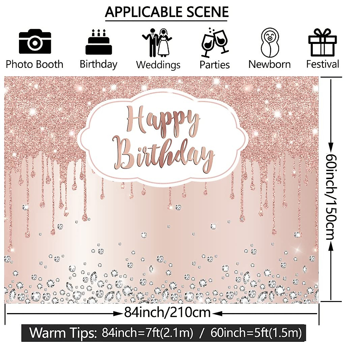 ASOONYUM 7x5ft Pink Gold Happy Birthday Backdrop Rose Golden Sparkling Diamond Background for Photography Girls Women Sweet 16th 18th 21th 40th 50th Birthday Party Decorations Cake Table Banner
