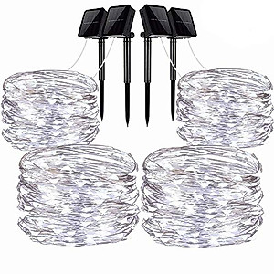 LiyuanQ Solar String Lights, 4 Pack 100 LED Solar Fairy Lights 33 Feet 8 Modes Silver Wire Lights Waterproof Outdoor String Lights for Garden Patio Gate Yard Party Wedding Indoor Bedroom Cool White