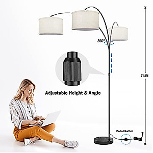 Arc Floor Lamp with Unique Hanging Drum Shade for Living Room - Marble Modern Standing Lamps Adjustable Height, Contemporary Over the Couch Hanging Arching Tall Stand Up Light for Bedroom Office Black