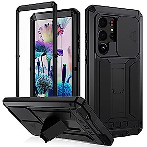 Samsung S23 Ultra case Metal Hard Armor Compatible with Galaxy S23 Ultra Phone case Cover case para with Screen Protector and Lens Protector Heavy Duty metalicas Military Grade lifeproof (Black)