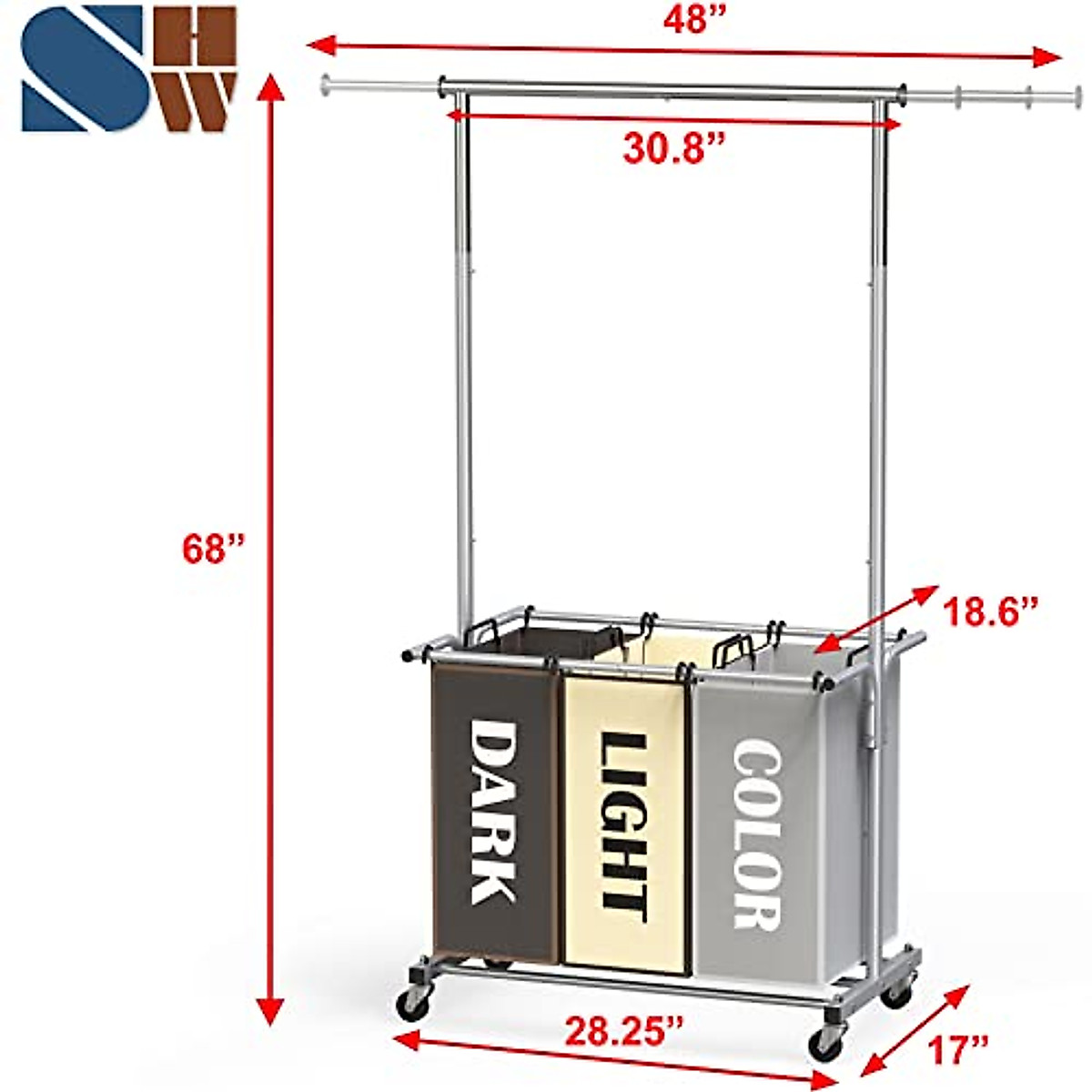 Simple Houseware Garment Rack with 3 Bag Laundry Sorter, Multi Color