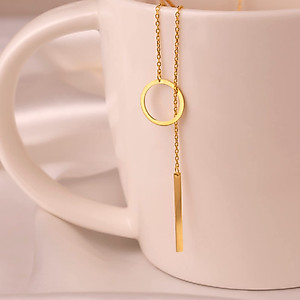 Tewiky Circle Bar Necklace for Women, Dainty Gold Lariat Necklace 14k Gold Drop Y Necklace Simple Gold Necklaces for Women Trendy Delicate Gold Necklaces Aesthetic Jewelry for Women