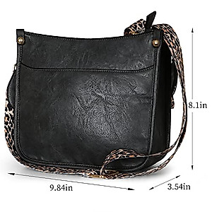 KOGTLA Women's Crossbody Shoulder Bag with Leopard Guitar Strap,Vegan Leather Purse Handbag Bucket Tote Bag Black
