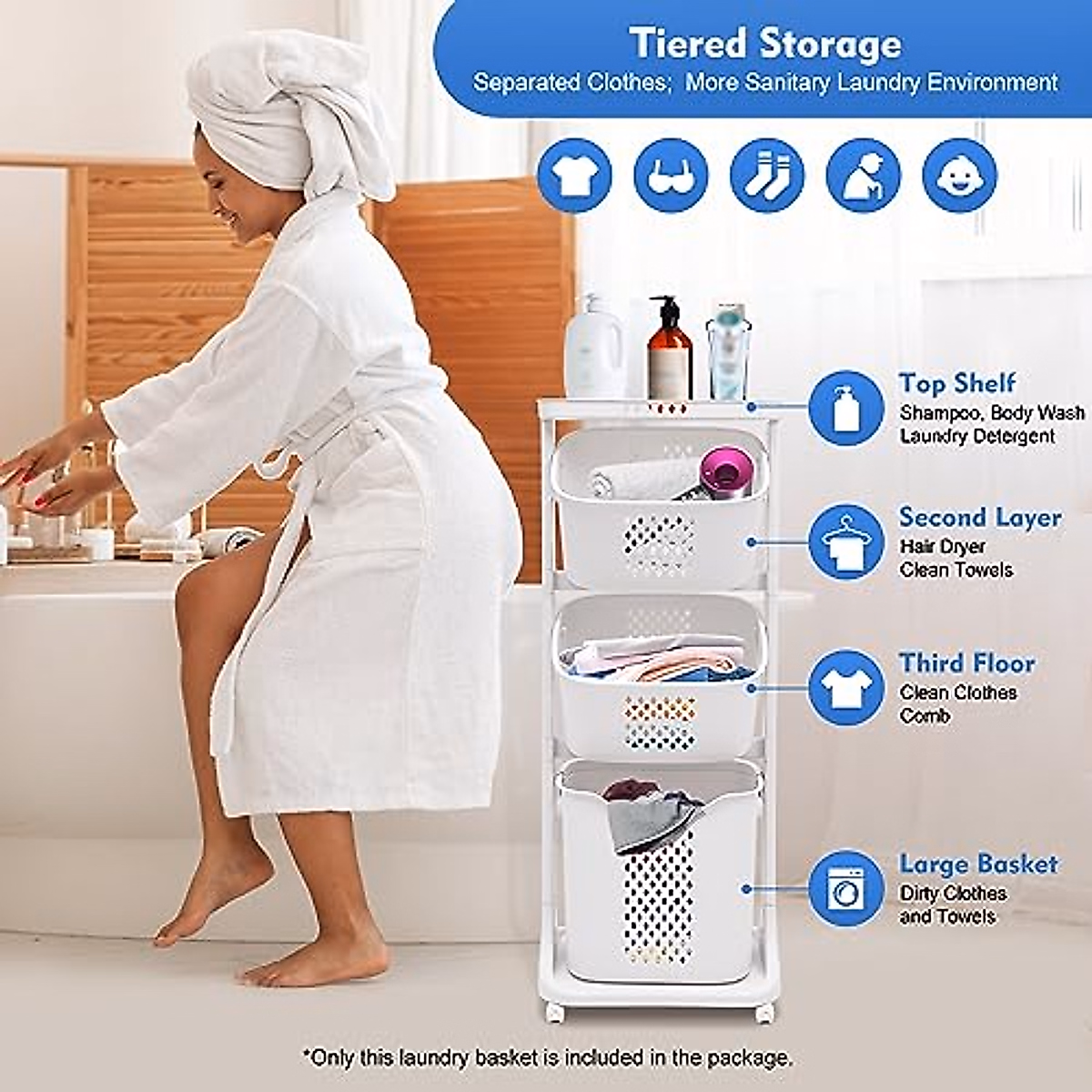 DNYSYSJ 3 Layer Storage Basket Movable Household Laundry Basket,Floor-Standing 360° Rolling Large Multi-layerClothes Organizer for Kitchen,living Room and Bathroom (3 Layer),White,16.92*12.99*42.91''