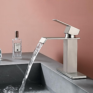Poumao Waterfall Bathroom Faucet Bathroom Sink Faucet Brushed Nickel Single Handle Vanity Lavatory Faucets with Deck Plate for 1 or 3 Holes