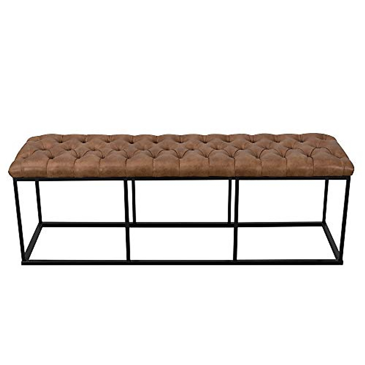 HomePop Faux Leather Button Tufted Decorative Bench with Metal Base, Brown