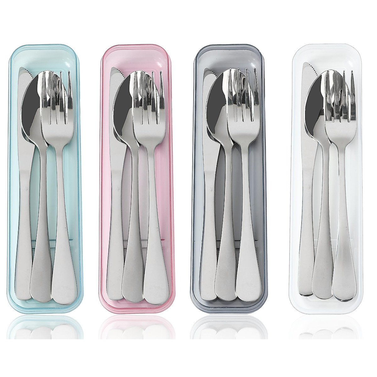 4 Sets Portable Utensils Set with Case Stainless Steel Flatware with Case Travel Reusable Silverware set with Case Camping Fork Spoon Knife Set