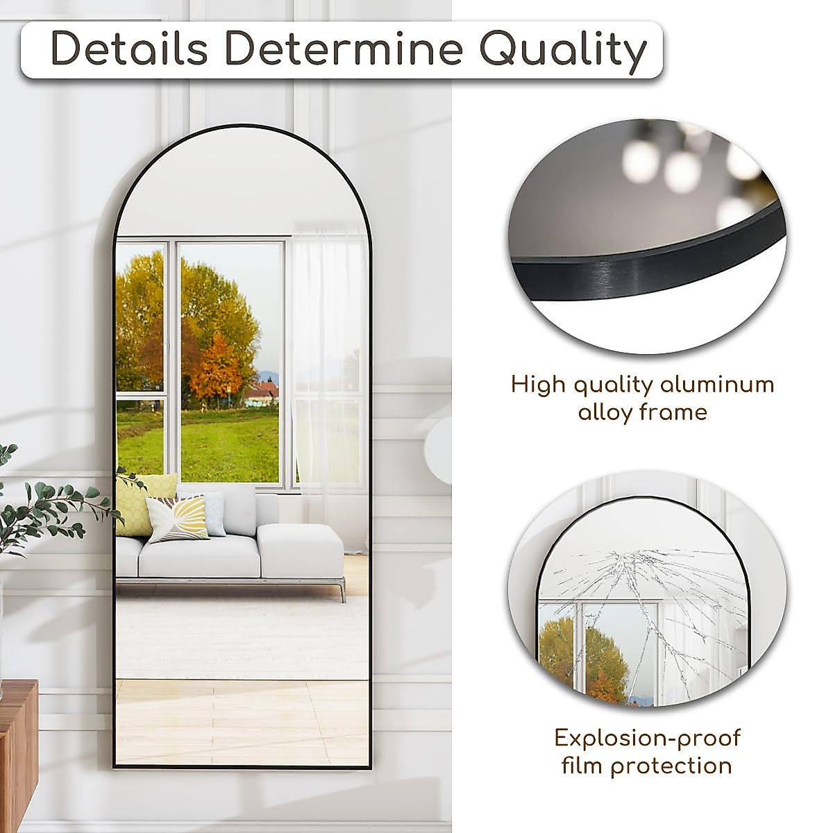 JAWGLOW Arched Floor Mirror, 65" x 21" Full Length Mirror Wall Mirror Hanging or Leaning Arched-Top Full Body Mirror with Stand for Bedroom, Dressing Room, Black