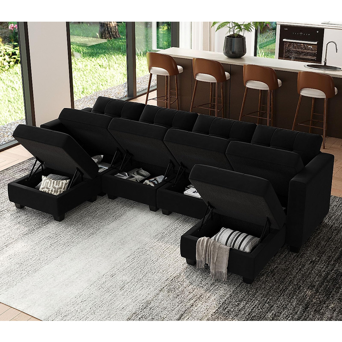 Belffin Modern U Shaped Modular Sectional Sofa with Storage Seats, 6 Seats Sleeper Couch with Reversible Chaise, Modular Oversized Sectional with Ottomans, Black