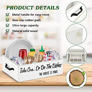 Kitchen Countertop Paper Plate Holders Utensil Caddy, Wood Utensil Holder Organizer for Plate Cup Fork Knives Spoon Napkin, Silverware Caddy Holder Condiment Caddy Organizer for Party Camping BBQ
