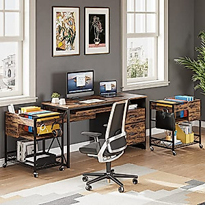 Bestier Rolling File Cart with Wheels Hanging Files, Legal & Letter Size Mobile Office File Organizer Cart with Open Storage Shelves and 2 Hooks (Rustic Brown, 16" D x 24" W x 27" H)