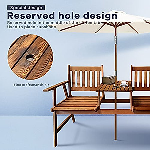 HCY Outdoor Bench, Garden Bench Patio 2 Person Chair Front Porch Decor Middle Table Conversation Sets with Umbrella Hole Backrest Armrests,for Outdoor, Park, Yard (Natural ,60 x 26x 34 Inches