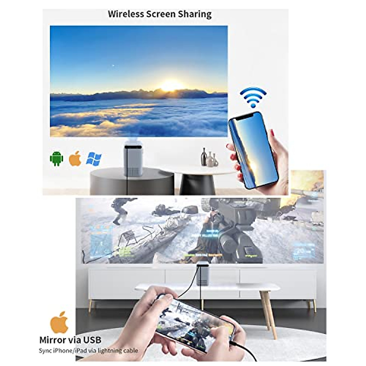 WiFi Projector Home Cinema Wireless 1080P Movie Projectors for iOS & Android, 7000 Lumens Full HD Indoor Outdoor Gaming Projector, Compatible with Airplay, Smartphone, TV Stick, HDMI, USB, PS5