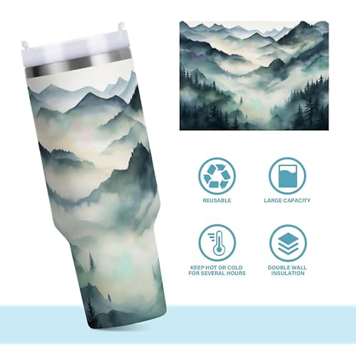 Qilmy 40 oz Mountain Forests Tumbler with Handle and Straw Lid for Water Iced Tea or Coffee, Stainless Steel Insulated Leak-proof Travel Coffee Mug Cup Gifts