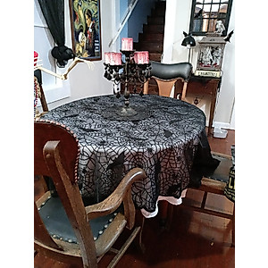 Tonfant Black Lace Tablecloth Round Overlay with Spider Web and Mat for Halloween Party,Easter,Fireplace and Mantle Cover Decoration (Round 70", Black)