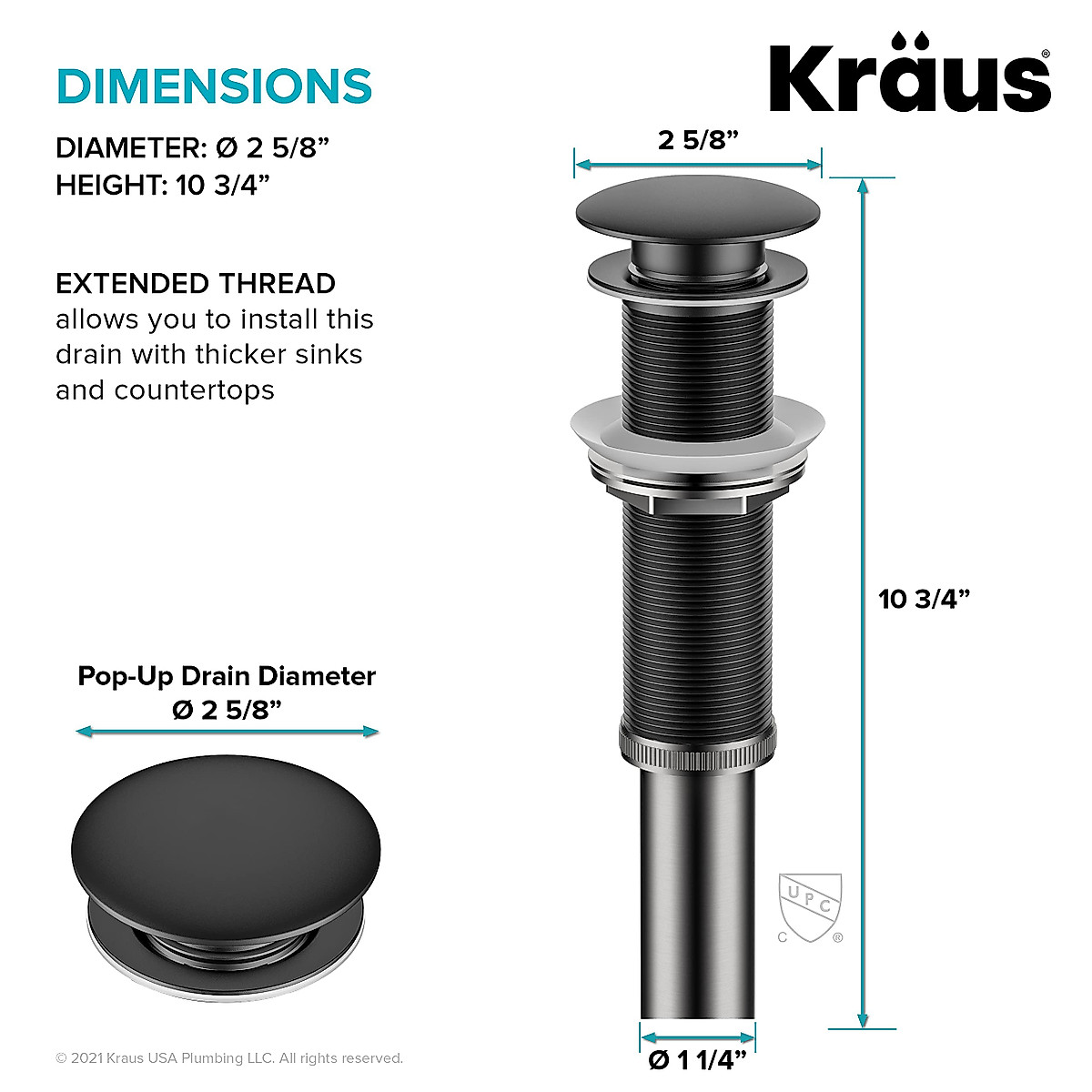 Kraus PU-L10MB Bathroom Pop-Up Drain Assembly for Vessel Sinks Without Overflow, with Extended Thread for Thicker Countertops, 10 3/4 Inch, Matte Black