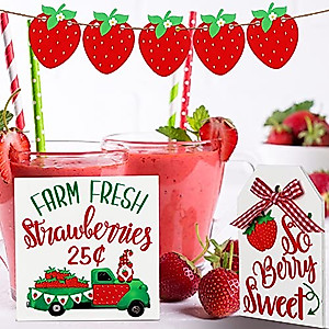10 Pcs Summer Tiered Tray Decor Farmhouse Wood Tiered Tray Decor Lemon Watermelon Strawberry Sunflower Decor Kitchen Standing Sign Bead Garland Banner for Home Decor(Strawberry Theme)