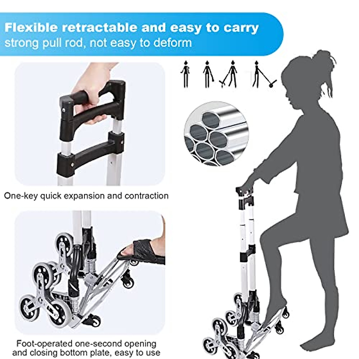 Stair Climber Cart Hand Truck with Wheels, Shopping Folding Grocery Cart, Aluminum Alloy Folding Hand Truck Trolley for Luggage Package Delivery