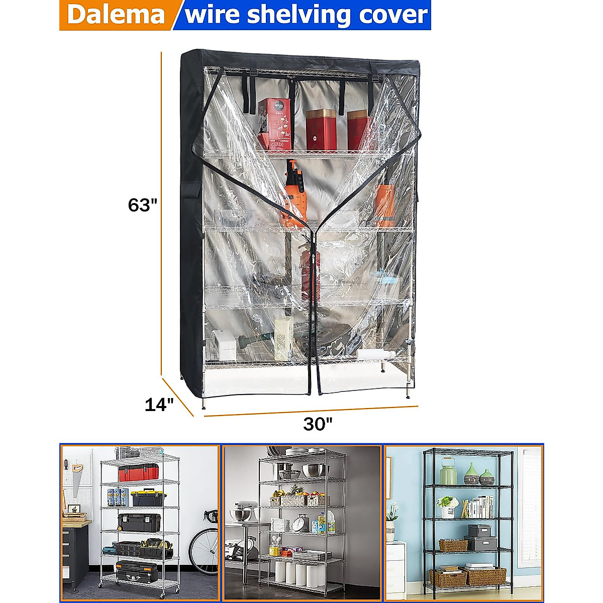 Dalema Wire Shelves Covers,600D Heavy Duty Waterproof Dustproof Shelving Unit Cover,Outdoor Storage Rack Cover with Zipper for Metal Shelving(Black with Clear Front,30x14x63 Inch)