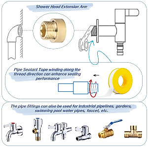Shower Head Extension Arm, 2 Pack Brass G1/2 Male to G1/2 Female Thread 20mm Length Pipe Fitting Coupler Copper Shower Head Extender with 8M PTFE Pipe Sealant Tape
