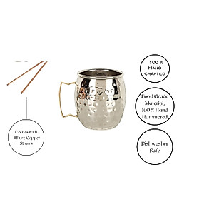 JYPR Complete Moscow Mule Mugs 8pc Set - Large 18oz Hammered Steel Mugs with Gold Brass Handles - Includes 4X Copper Straws - Food Grade Safe Steel Interior