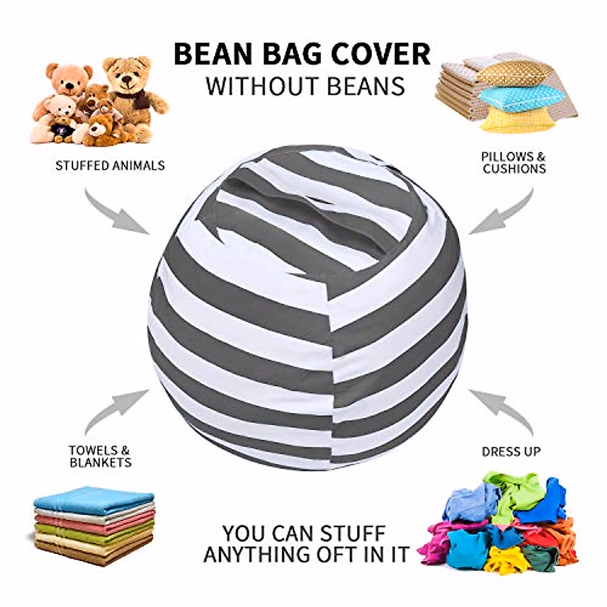 Miaowater 2 PCS Stuffed Animal Storage Bean Bag Chair Cover, Cotton Canvas Beanbag with Zipper for Organizing Kid's and Adults Room Grey 24"