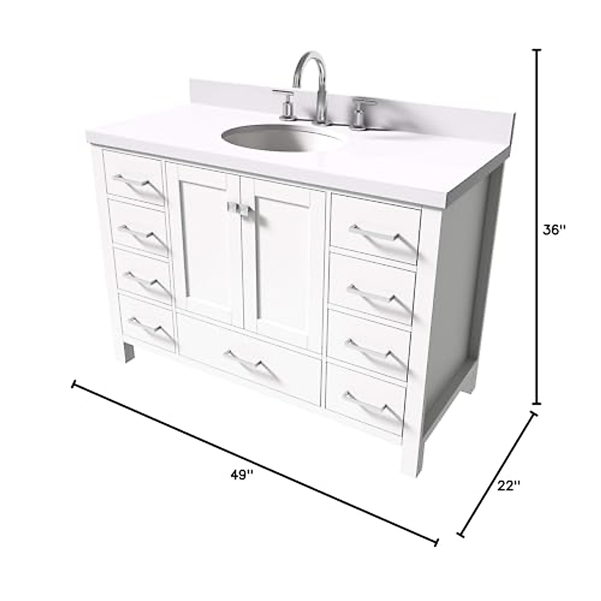 ARIEL Bathroom Vanity 49" Inch in White with Pure White Quartz Countertop, Oval Sink, 2 Soft Closing Doors and 9 Full Extension Dovetail Drawers, No Mirror