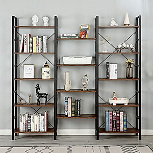 MELLCOM Triple Wide 5 Tier Industrial Bookshelf, 14 Open Storage Cubes, Vintage Wood Bookcase, Cube Bookshelf with Antique Wood and Metal Frames for Living Room, Bedroom & Office, Brown