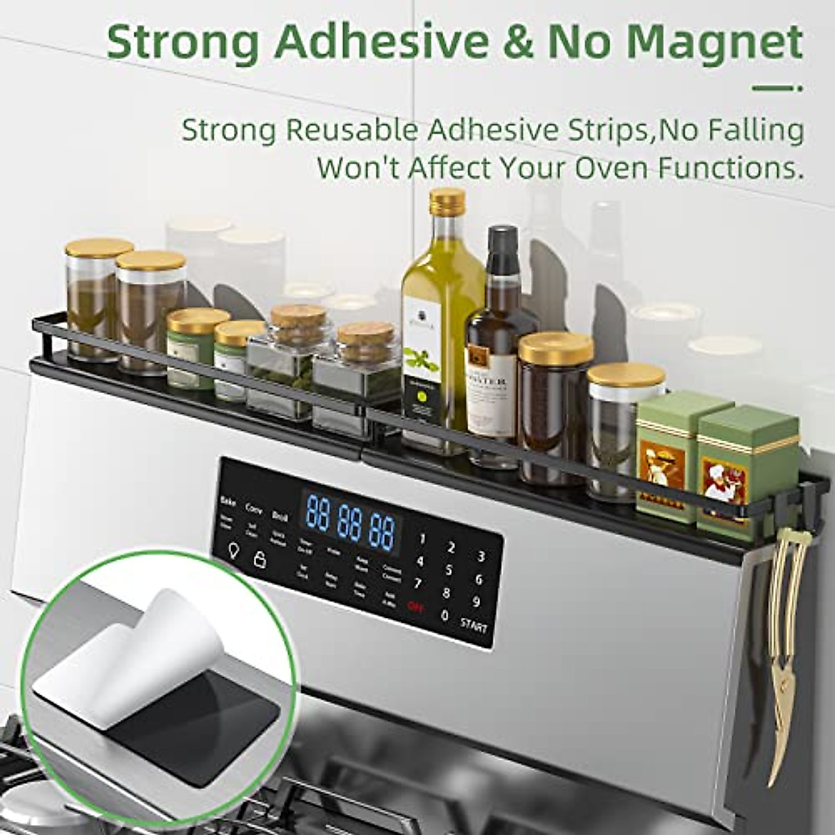 TOPCHASE Stove Top Shelf with Sides, 30” Two-section over The Stove Shelves, Black Stove Top Spice Rack, 3 Ways to Install Kitchen Spice Organizer above Stove, No Magnetic