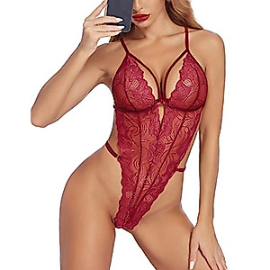 Avidlove Women Lingerie Sexy Deep V Lace Bodysuit Strappy One Piece Teddy Babydoll Dark Red XX-Large