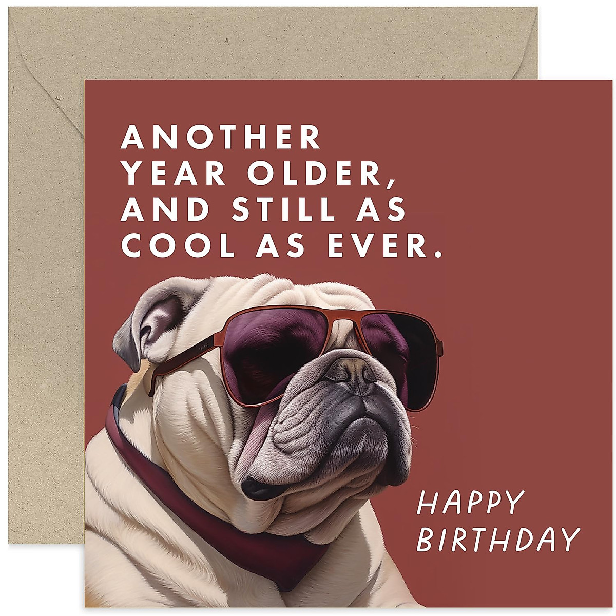 Old English Co. 'Another Year Older and Still as Cool as Ever' Funny Birthday Card for Him - Humour Bull Dog Birthday Card - Hilarious Birthday Card for Son, Dad, Grandson | Blank Inside Envelope