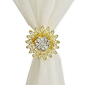Tableclothsfactory 2 Pack | 4" Gold Crystal Flower Magnetic Backdrop Curtain Tie Backs, Metallic Window Drapery Panel Buckle Clips