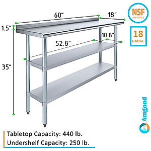 AmGood Stainless Steel Work Table with 1.5" Backsplash and 2 Shelves | Metal Kitchen Food Prep Table | NSF (60" Long x 18" Deep)