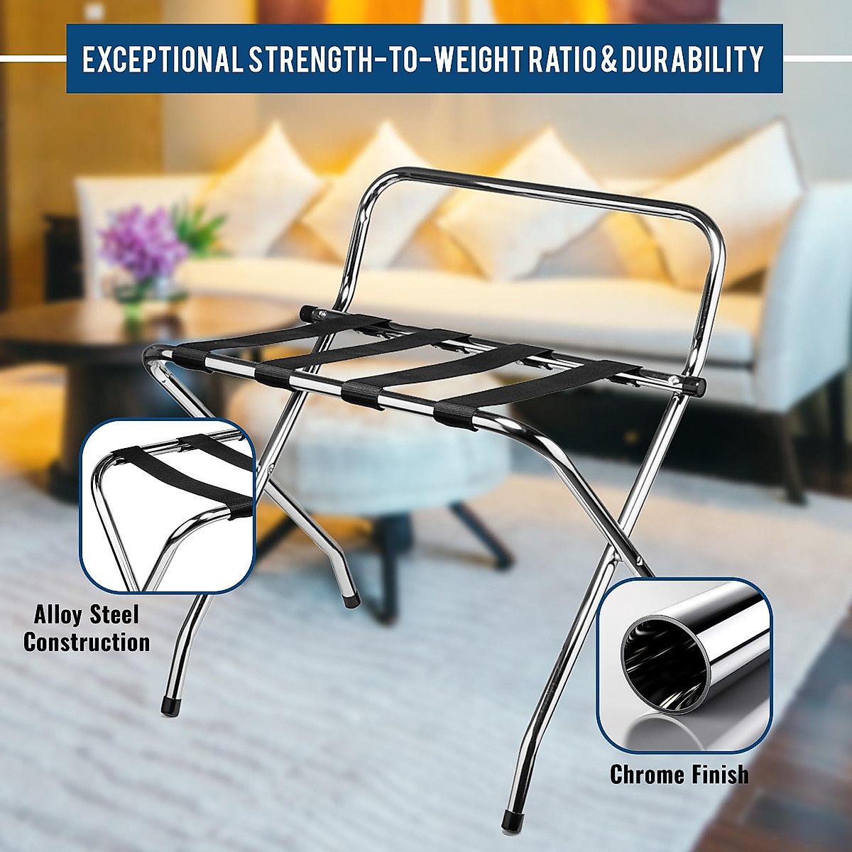 USTECH Luggage Rack-Single Tier with High Back, Pack of 1, Chrome, Self Asssembly, Foldable Rack for Guest Room