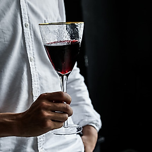 1500° C TABLETOP Wine Glasses Set of 4, 12 oz. Long Stemmed Gold Rim Hammered Glasses for White and Red Wine