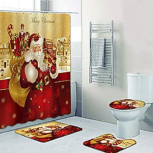 Christmas Shower Curtain Set for Bathroom Decorations,4 Pcs Xmas Element Waterproof Tub Curtains with Bath Rugs, Washable Non-Slip Mat,Toilet Cover and Hooks for Holiday Inside Outside Decor (A42)